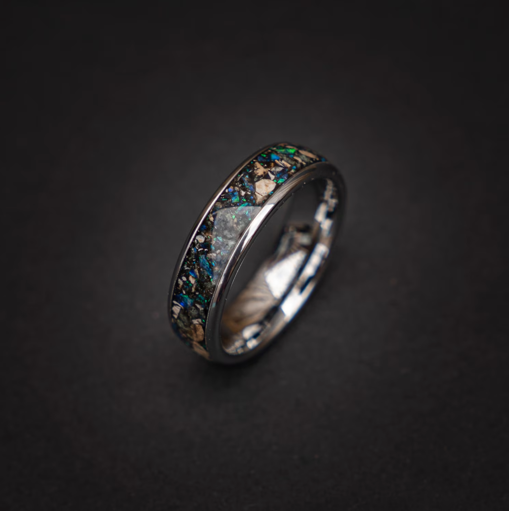 Flat tungsten ring filled with Spinosaurus, meteorite and opal MET ...