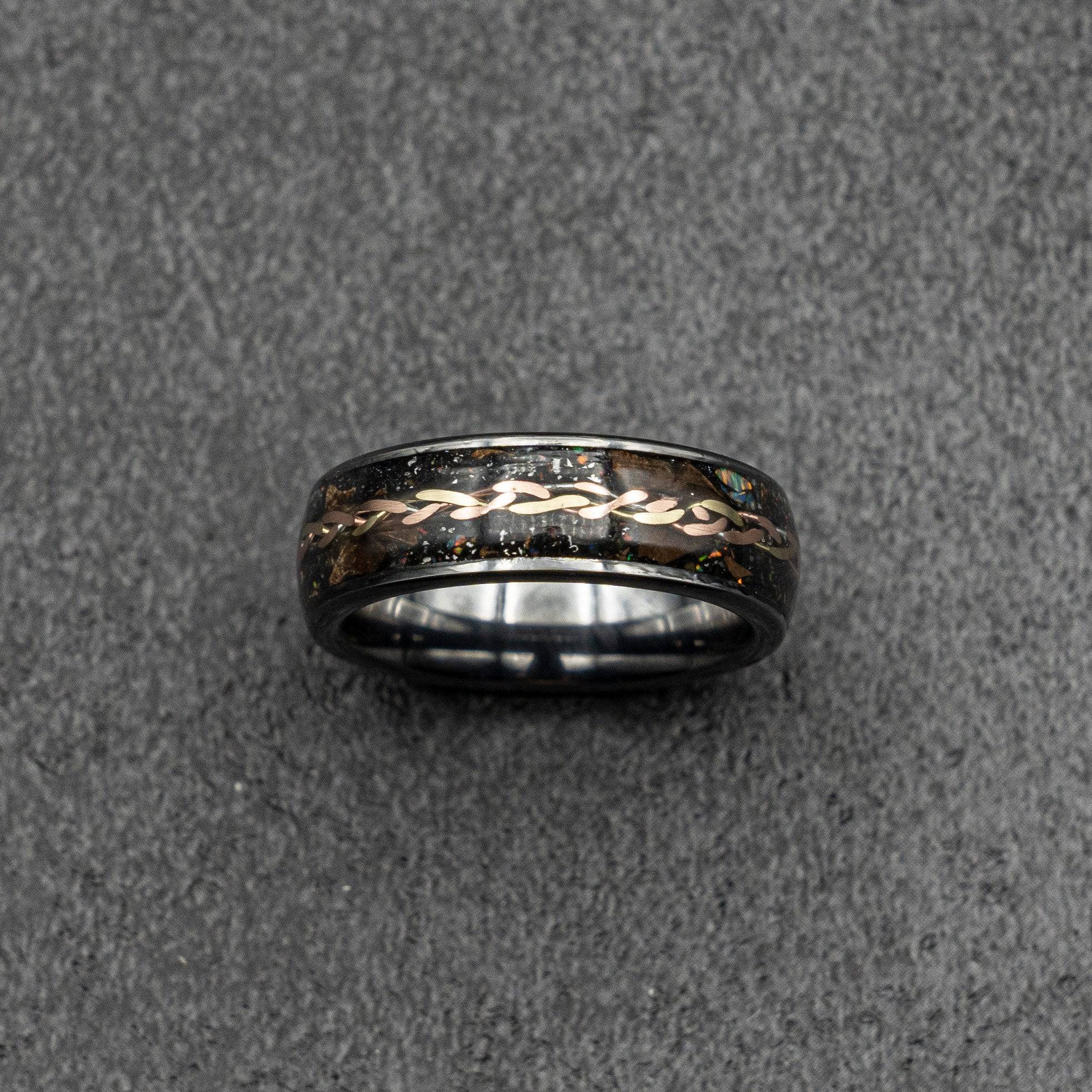 flat-tungsten-ring-with-triceratops-meteorite-and-golden-wire-braid ...