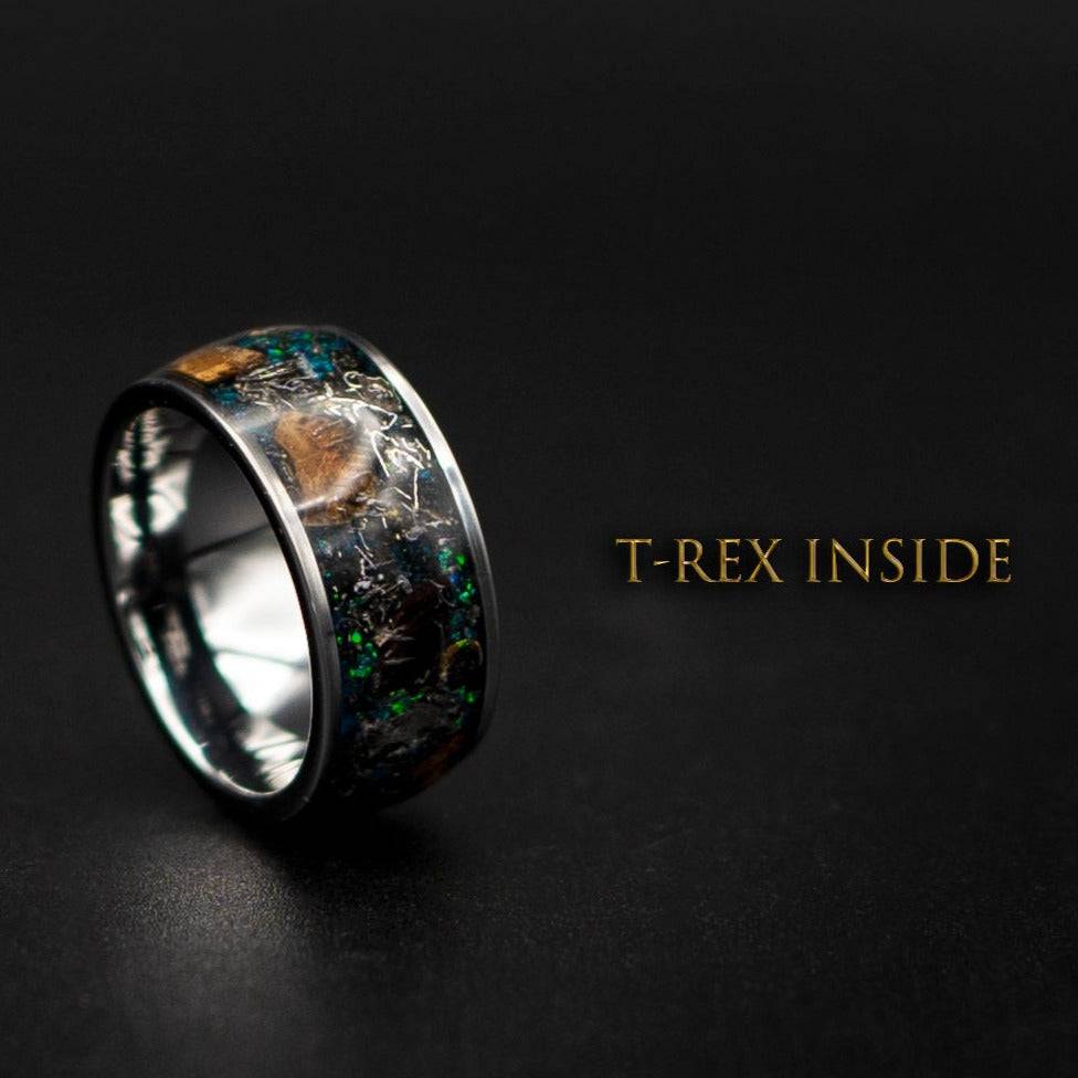 Genuine T Rex Dinosaur Ring with Meteorite Shaving Inlay | Decazi