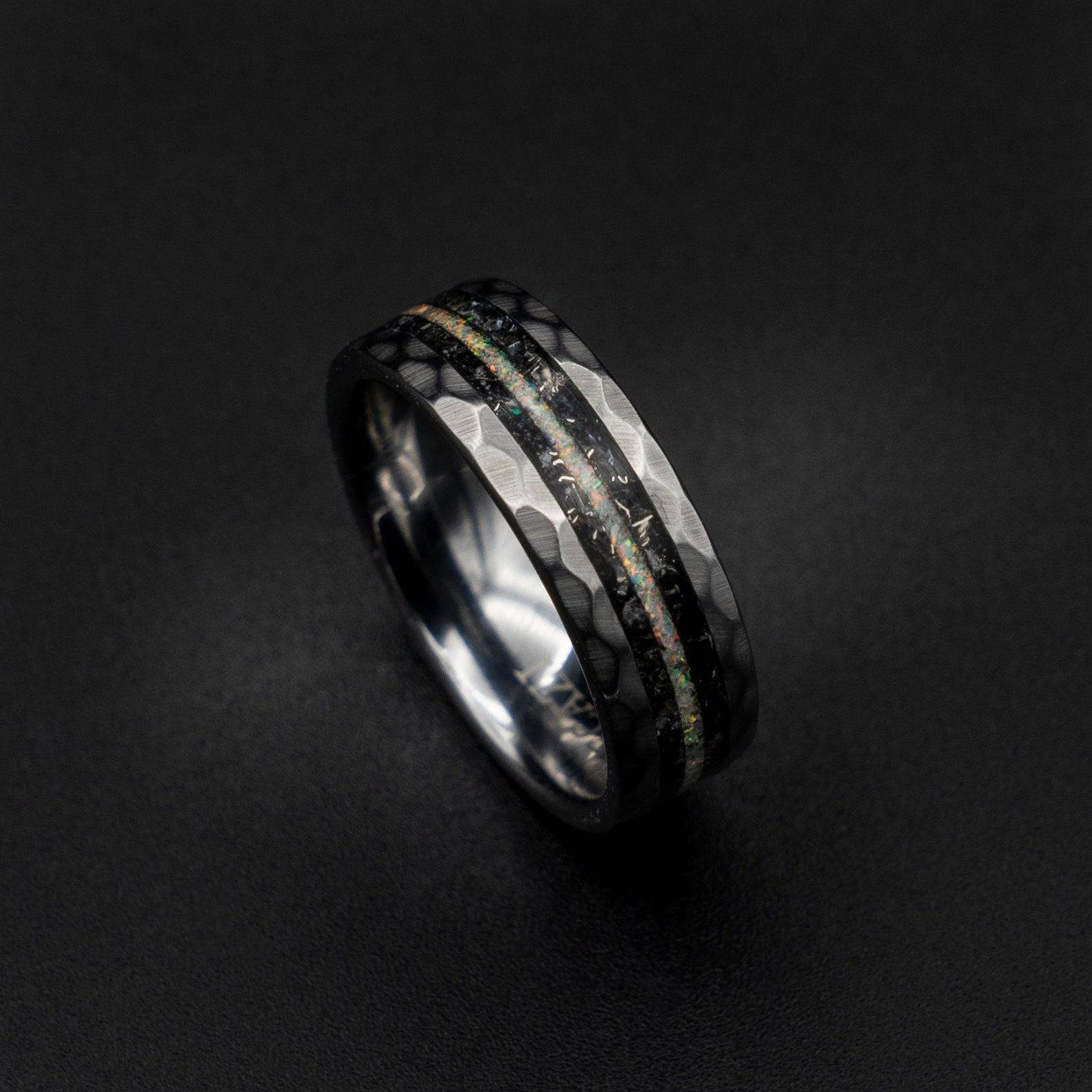 Hammered Ring with Meteorite & Moonstone Inlay | Decazi